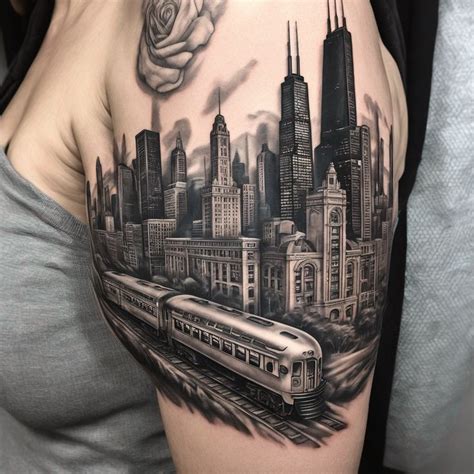 Chicago Tattoo With The El Train And Several Of The Chicago Iconic