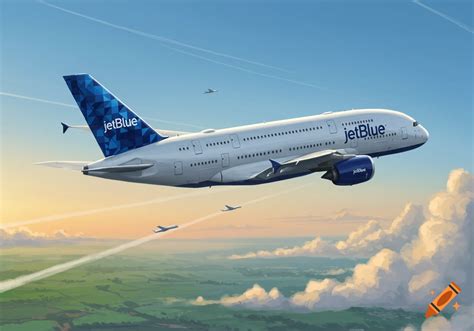 An Illustration Of A Large Jetblue A380 Airplane Flying High In A Clear