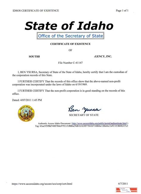 Usa Idaho Certificate Of Good Standing