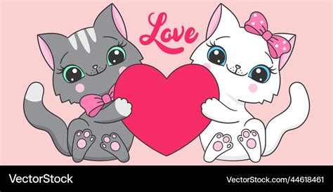 Two Cute Cartoon Cats Are Holding A Heart Text Royalty Free Vector