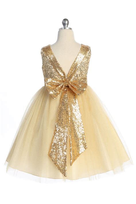Gold Embroidered Lace V Back And Bow Girls Dress Girls Plus Size