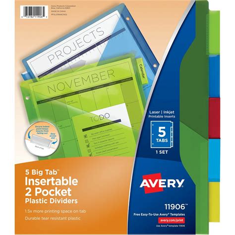 Avery 5 Tab Plastic Binder Dividers Multicolor Big Tabs Insertable