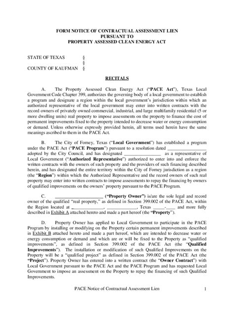 Fillable Online 1 Pace Notice Of Contractual Assessment Lien Form