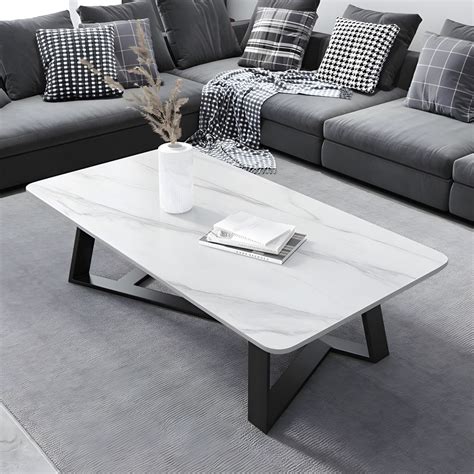 Contemporary Rectangular Coffee Table Trestle Marble Cocktail Table