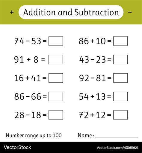 Addition And Subtraction Number Range Up To 100 Vector Image