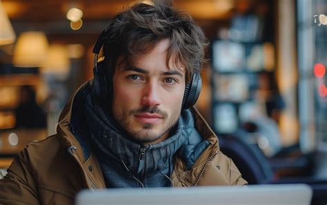Premium Photo Man Wearing Headphones Working On Laptop Generative Ai