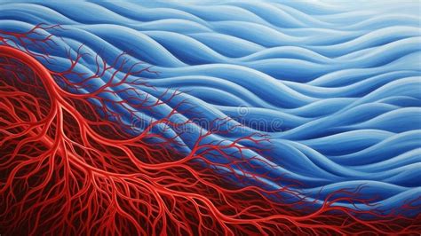 Abstract Representation Of Red Veins Against Blue Wavy Water Stock