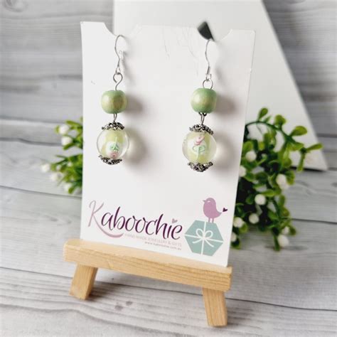 Green Floral Beaded Dangle Earrings Kaboochie