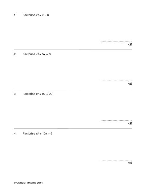 Gcse Mathematics Factorising Quadratics Pdf