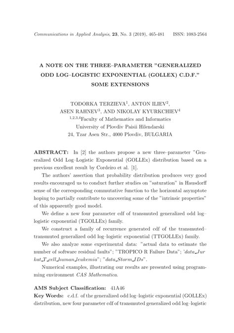 PDF A Note On The Three Parameter Generalized Odd Log Logistic Exponential GOLLEX C D F