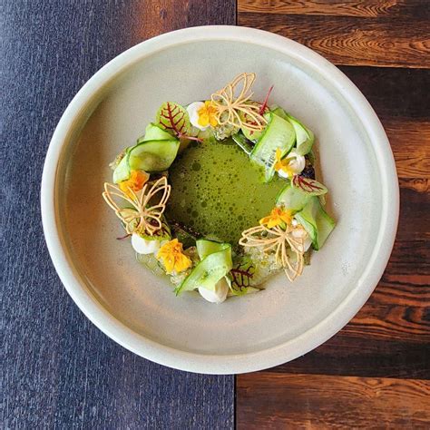 Charred Cuc Lacto Cuc And Jalapeño Broth Charred Ginger Oil Ginger Boba Cucumber Relish Crème