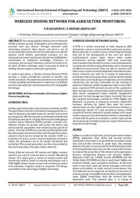 Pdf Wireless Sensing Network For Agriculture Monitoring