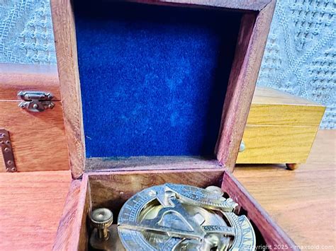 Brass Sundial Compass With Box And Two Swiss Wooden Music Boxes Maxsold