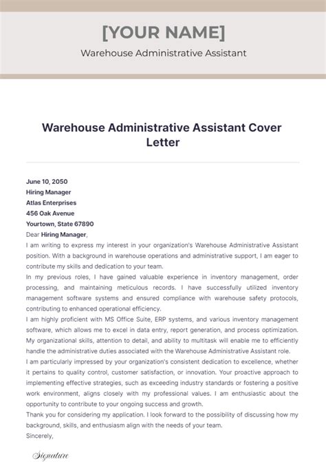 Free Warehouse Administrative Assistant Cover Letter Template To Edit