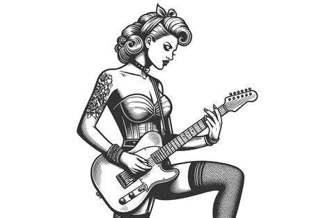 Pin Up Girl Playing Electric Guitar A Person Illustration By Alexart