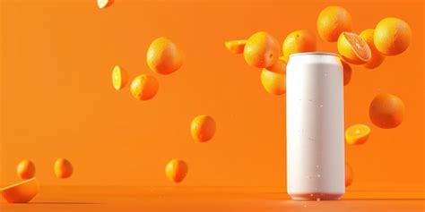 Refreshing Blank Orange Soda Can With Droplets Among Fresh Oranges