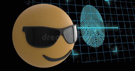 Animation Of Emoticon Over Grid Pattern On Scanning Fingerprint Against