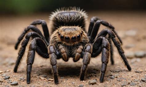 A Large Spider Sits On The Ground Its Hairy Legs And Eight Eyes