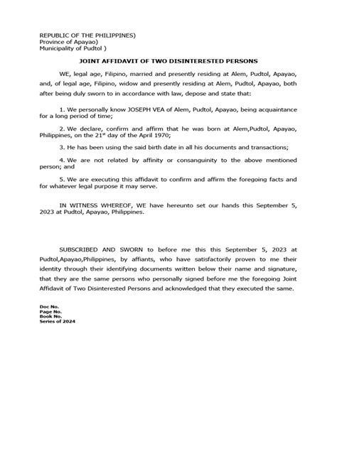 Joint Affidavit Of Two Disinterested Persons Pdf