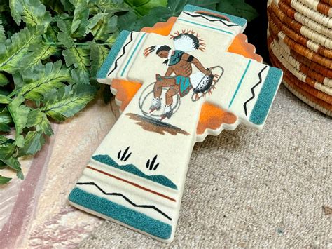 Native American Navajo Sand Painted Cross 9 Hoop Dancer 3bc686
