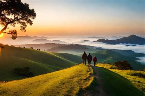 Premium Photo A Group Of People Walking On A Hill With The Sun