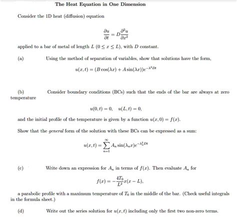 The Heat Equation In One Dimension Consider The D Heat Diffusion Equation Du Ot U Ox Applied