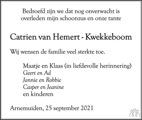 Catharina Catrien Van Hemert Kwekkeboom 25 09 2021 Overlijdensbericht En Condoleances