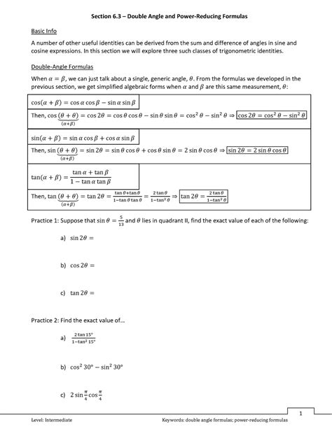 6 3 Double Angle And Power Reducing Formulas Section 6 Double