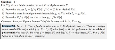 solved question 1 let e 2 f be a field extension let a e be