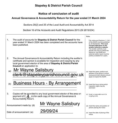 Notice Of Conclusion Of Audit Stapeley And District Parish Council