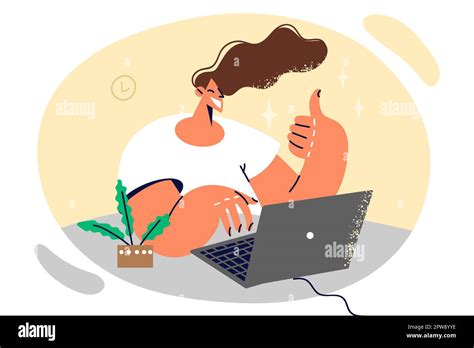 Woman Freelancer Typing Text On Laptop Keyboard Showing Thumb Up And