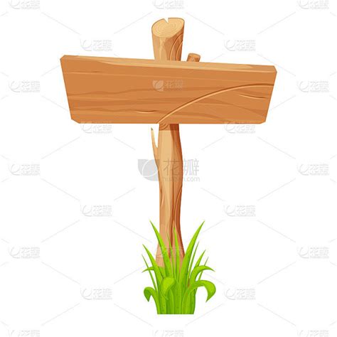 木制招牌与棍子，草和丛林热带藤蔓在卡通风格，空的路标孤立在白色背景。ui游戏资产，异国情调装饰。矢量