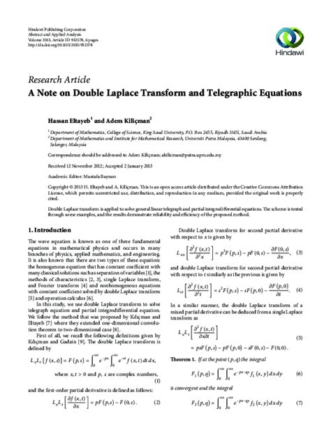 Pdf Double Laplace Transform In Telegraph Equations