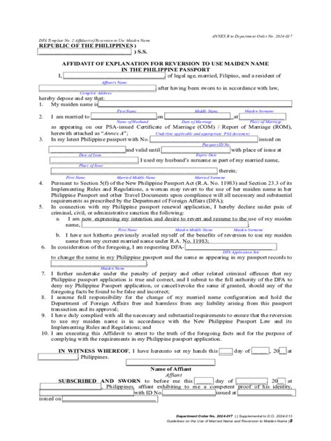 Dfa Template No 2 Affidavit Of Reversion To Use Maiden Name Form Fill