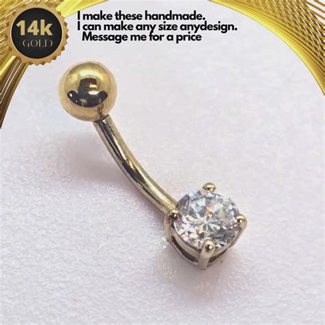 14k Solid Gold Belly Bar Belly Button Ring With Crystal Belly Ring