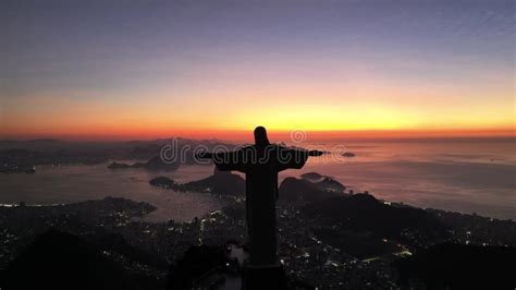 Sunrise At Christ The Redeemer Statue In Rio De Janeiro Brazil Stock
