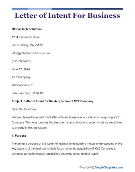 Letter Of Intent For Business Sample