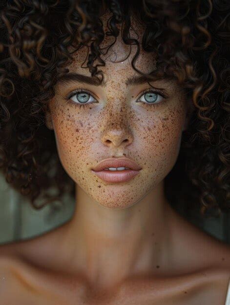 A Woman With Curly Brown Hair And Freckles Stares Directly At The