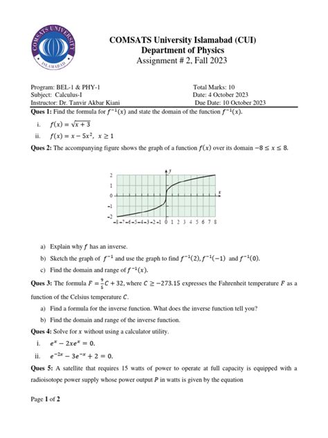 Calculus I Assignment On Inverses And Limits Pdf