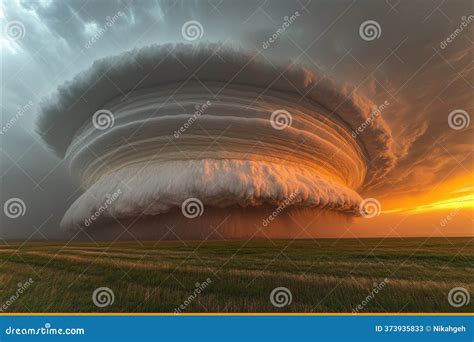 Majestic Supercell Thunderstorm Over Plains With Dramatic Swirling Clouds At Twilight Stock