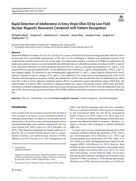 Rapid Detection Of Adulteration In Extra Virgin Olive Oil By Low Field Nuclear Magnetic