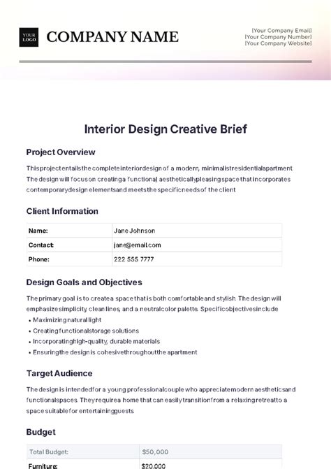 Free Interior Design Creative Brief Template To Edit Online