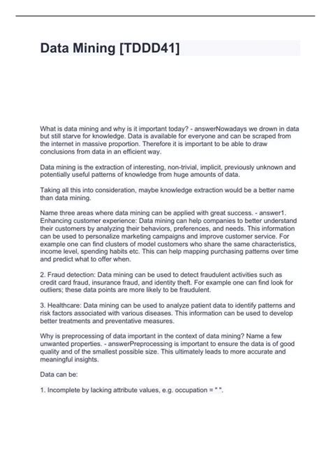 Data Mining [tddd41] Questions With Accurate Answers 2024 Data Mining Stuvia Us