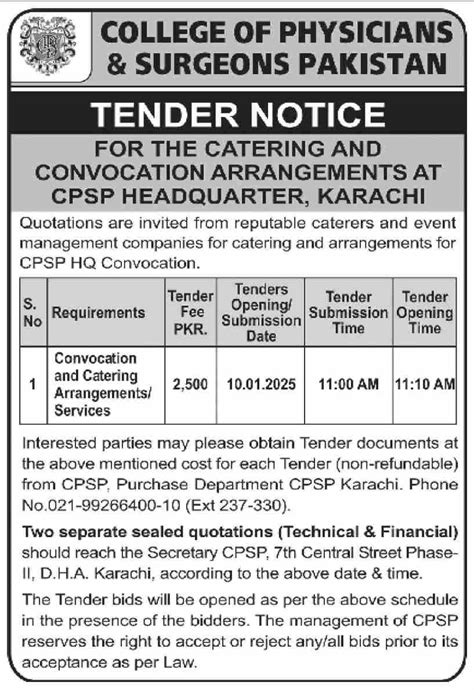 Tender For The Catering And Convocation At Cpsp Headquarter Karachi 2026
