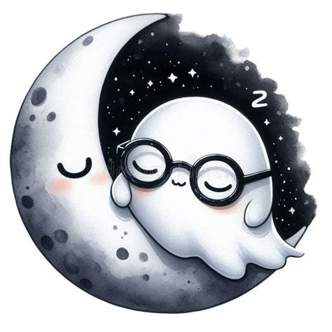 A Cute Ghost Sleeping On A Crescent Moon Clipart Watercolor Stock