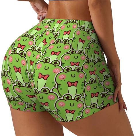 Uemuo Cute Green Frog Pattern Women Workout Impact Shorts Scrunch Butt
