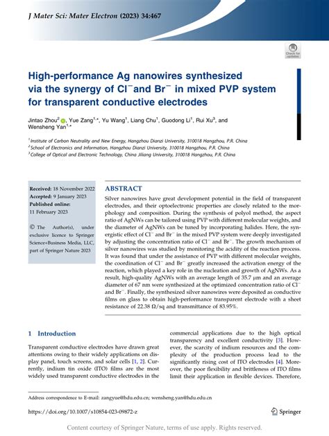 High Performance Ag Nanowires Synthesized Via The Synergy Of Cland Br
