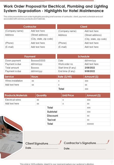 Work Order Proposal Electrical Plumbing Highlights Hotel Maintenance