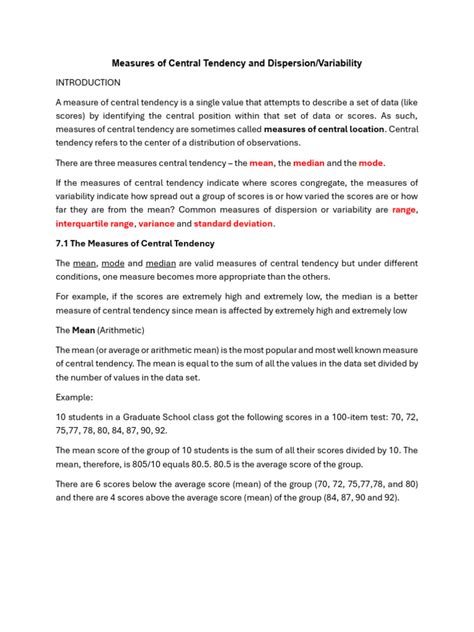 Measure Of Central Tendency Variability Or Dispersion Group 6 Pdf