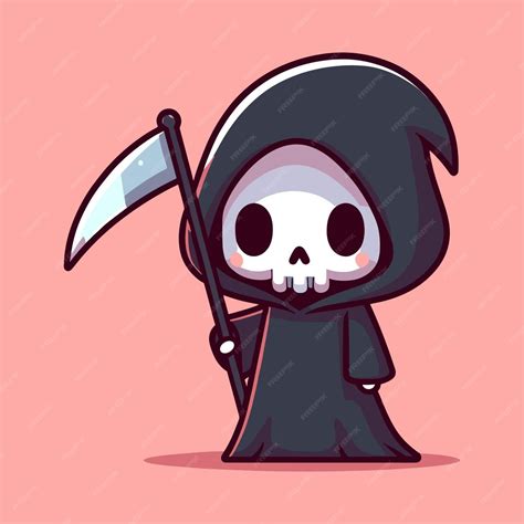 Chibi Kawaii Cute Grim Reaper Cartoon Character With A Scythe Premium